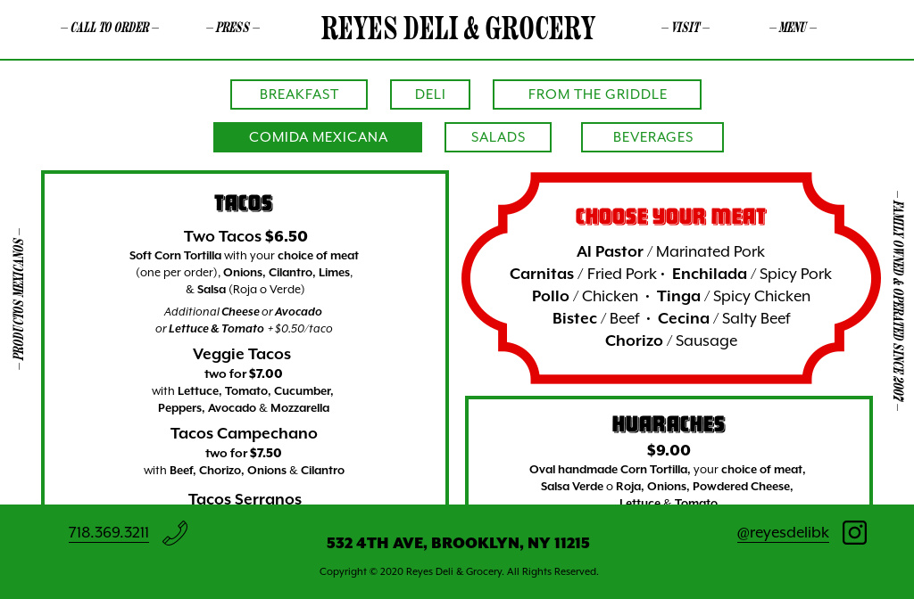 Reyes Deli & Grocery — Menu - Comida Mexicana