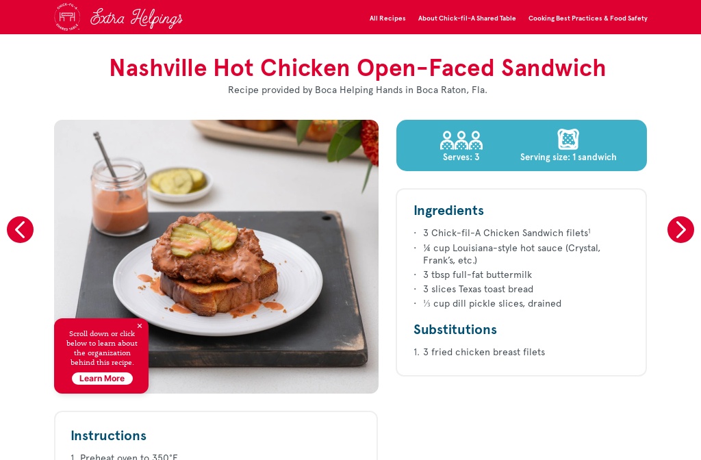 Extra Helpings Cookbook — Nashville Hot Chicken Open-Faced Sandwich