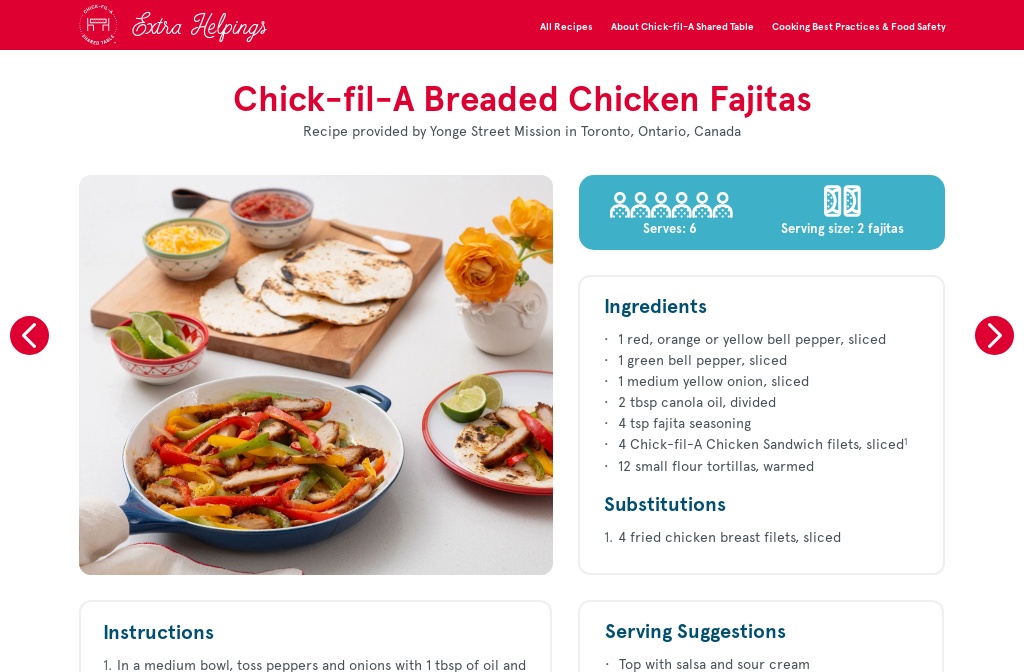 Extra Helpings Cookbook — Chick Fil A® Breaded Chicken Fajita